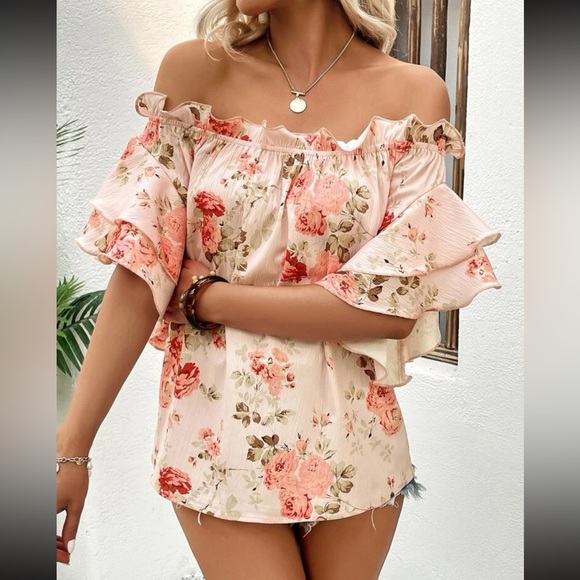 Rebellious Rose | Tops | Floral Print Off Shoulder Ruffle Trim Flounce ...